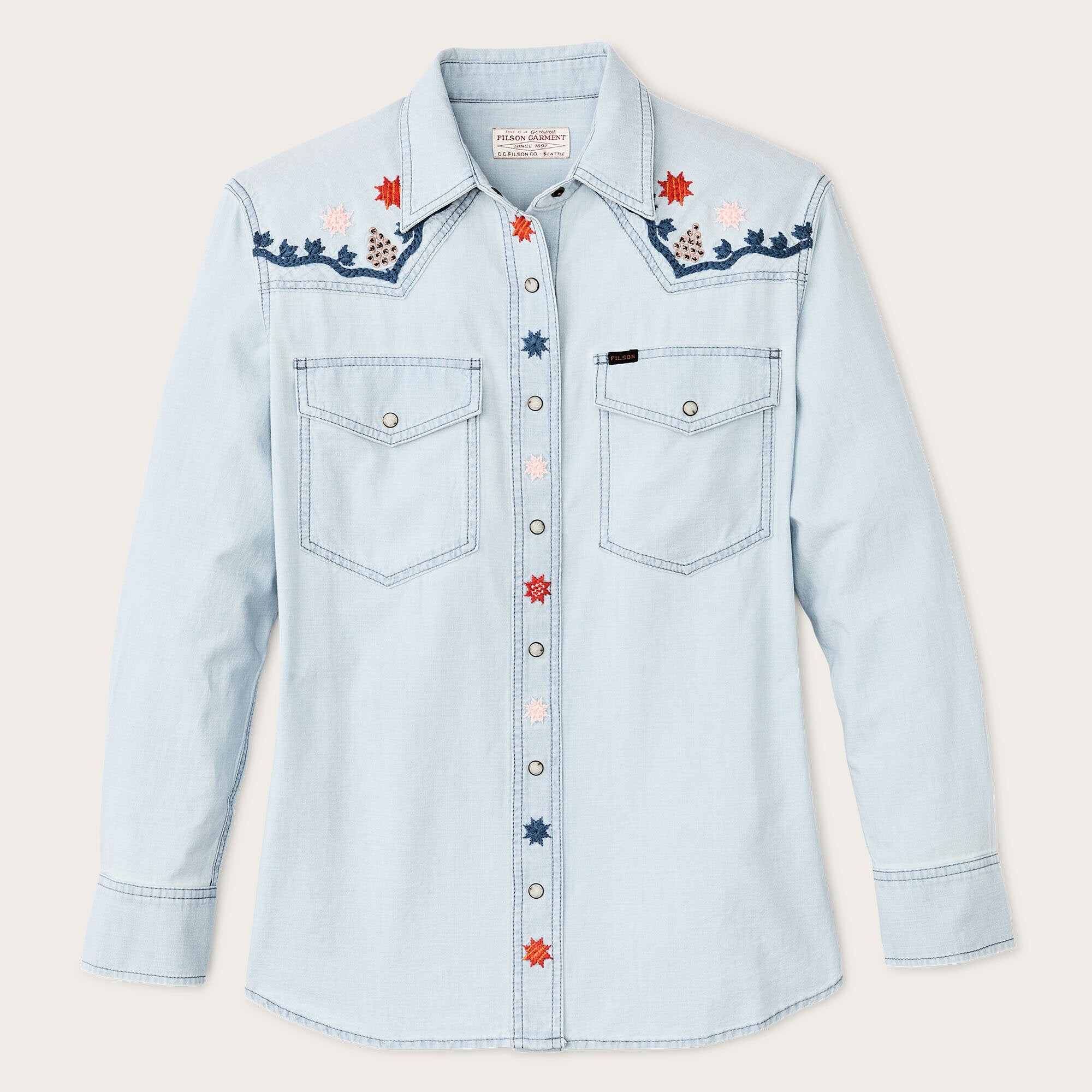 Women's embroidered western shirt by Filson | Light indigo chambra (Blue)